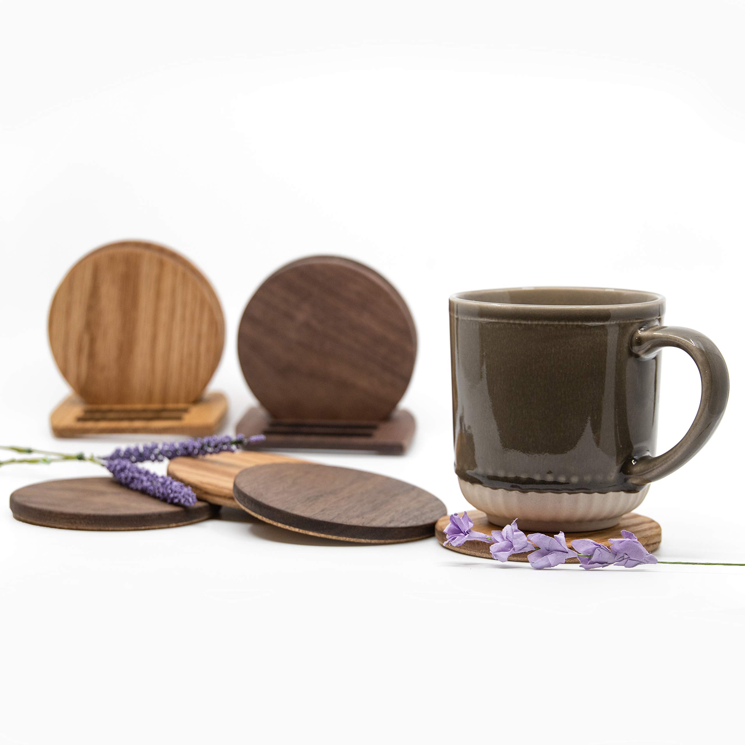 Walnut Wood & Cork Drink Coasters with Holder – Set of 4 Reversible Natural Round Wooden Coasters & Base for Absorbent Furniture Protection for Rustic Home and Office Décor – Perfect Housewarming Gift