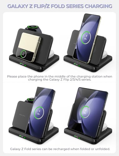 Wireless Charging Station for Samsung and Android, 3 in 1 Foldable Wireless Charger Fast Charger Stand for Galaxy S24/S23/S22/S21/S20 Z Fold 5/4/3 Z Flip 5/4/3, Note20 Ultra, Watch 6/5/Pro/4/3, Buds