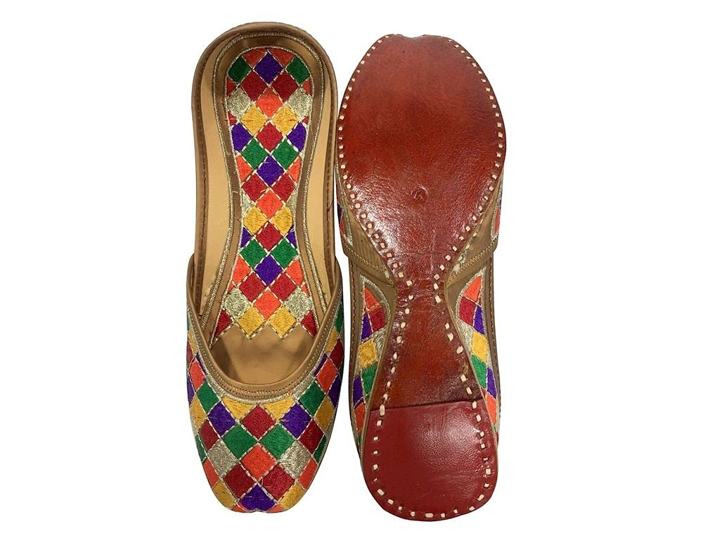 Punjabi Jutti for Women Multicolor Phulkari Ethnic Handmade Shoes Flat Mojari Beaded Traditional Jooti