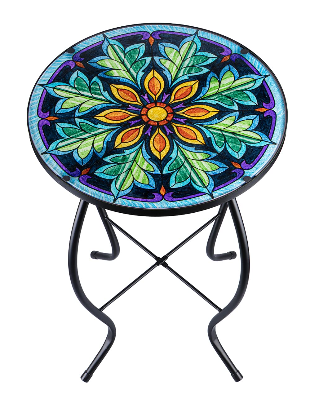 VCUTEKA Outdoor Side Table Mosaic End Table Patio Side Table Small End Table Glass Top Round Balcony Coffee Table Porch Indoor Glass Top