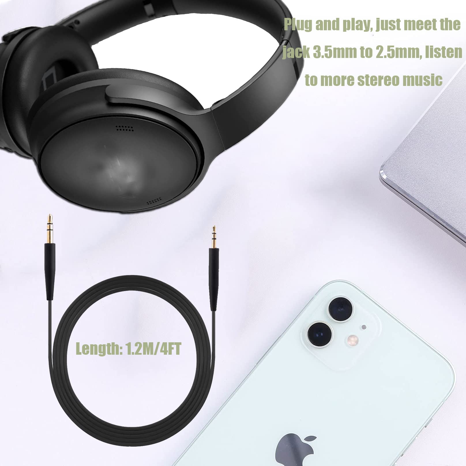 QC35 Cable 3.5 to 2.5 Extension Cord Replacement Audio Cable Line Compatible with Bose QuietComfort 45/35 II Wireless Headphones 700 / QC35 II / QC35 QC45(Series I) / SoundLink II On-Ear 2 OE2 OE2i