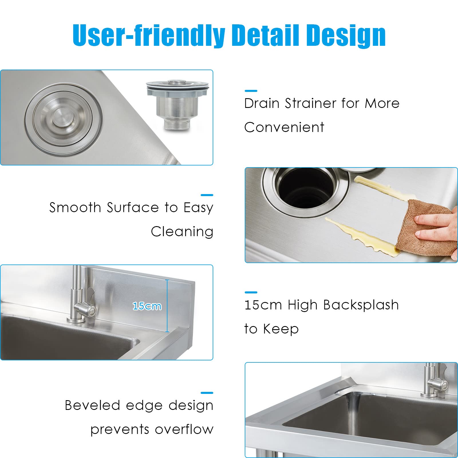 Single Bowl Free Standing Utility Sink, with Faucet and Side Splash, Kitchen Sink For Restaurant, Bar, Laundry, Garage, Backyard, Outdoor