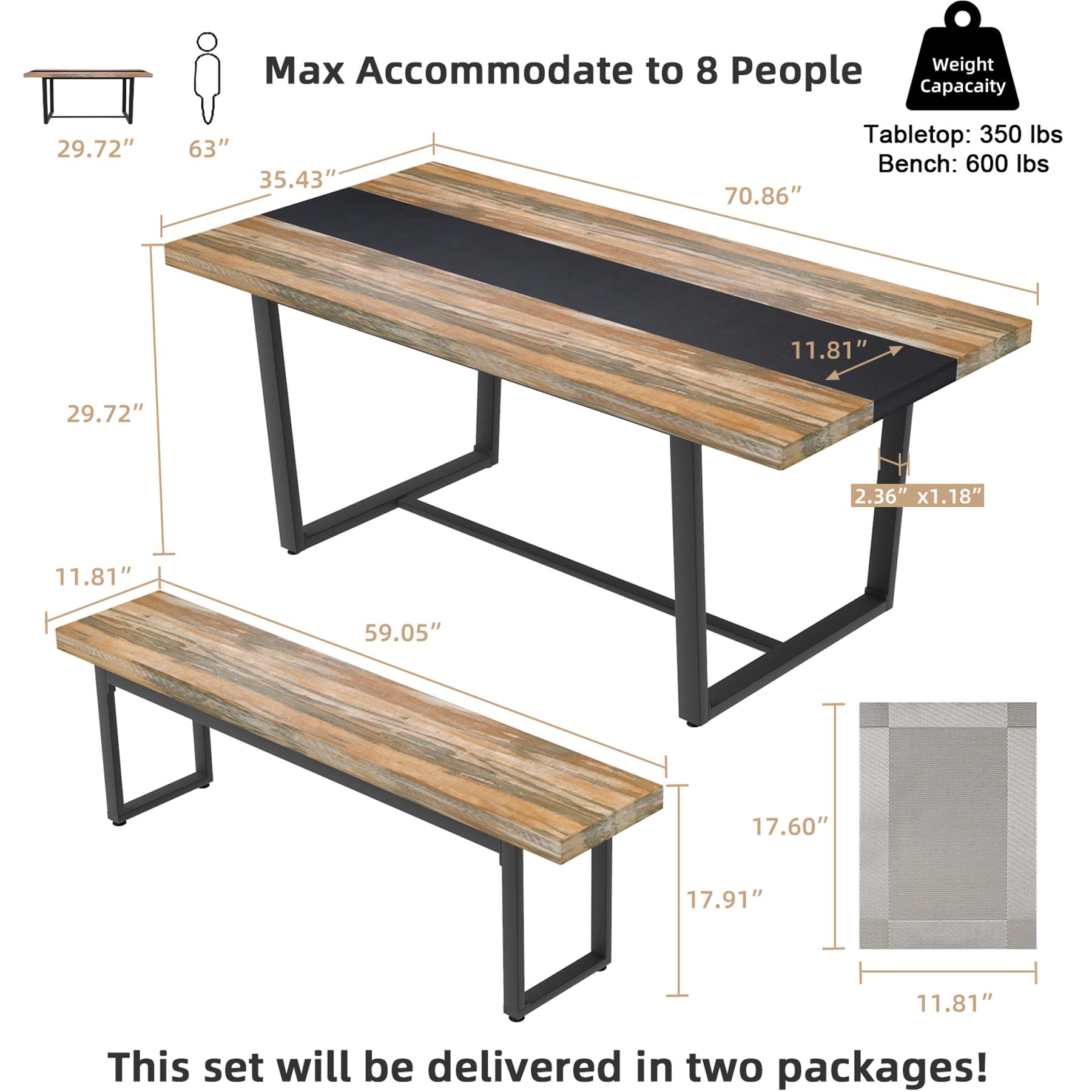 STHOUYN 71β 6ft Dinner Table Set for 6 8 12 Seat Dining Room Table with Bench, Rectangular Farmhouse Modern Kitchen Long Table, Black & Brown Industrial Dining Conference Table (3 Piece 71")