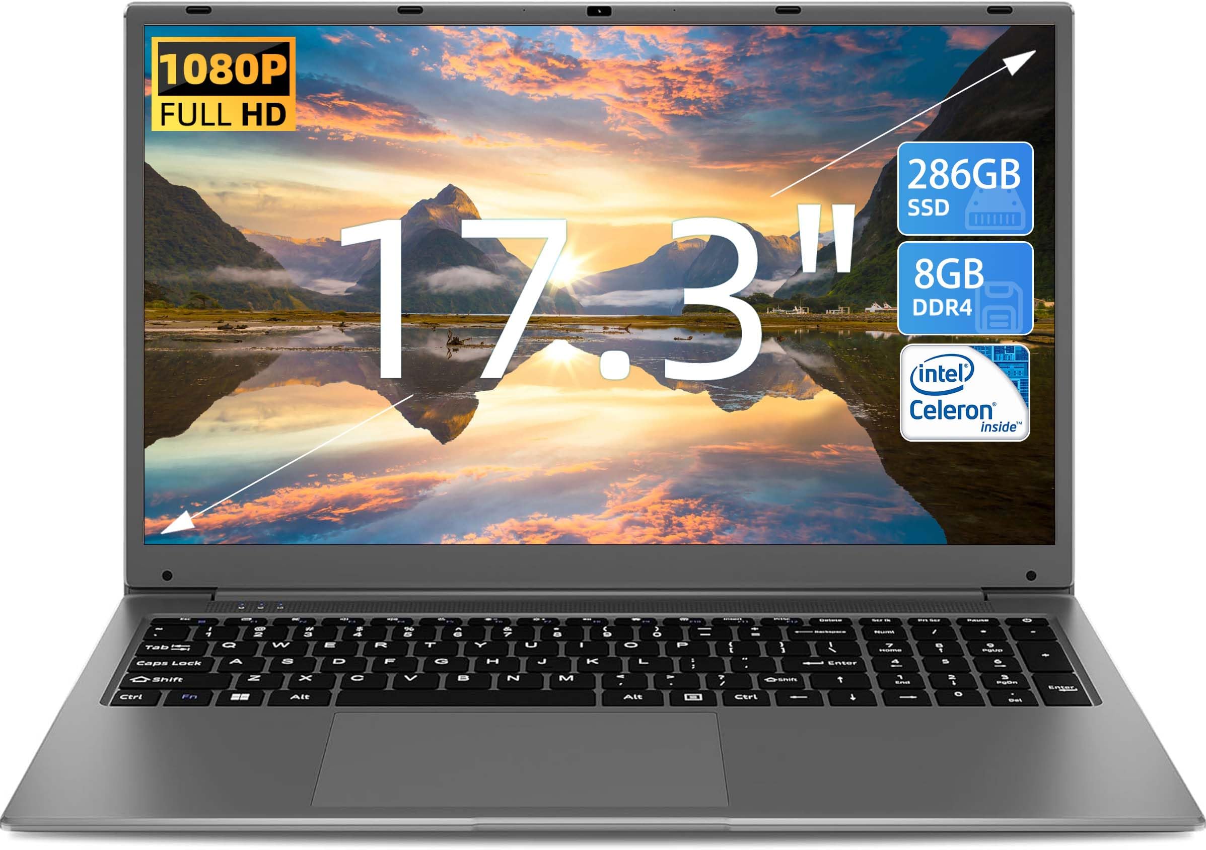 SGIN 17 Inch Laptop, 8GB RAM 256GB SSD Notebook with IPS Full HD Display, Intel Celeron Quad-core Processor, Mini HDMI, Webcam, Dual-Brand Wi-Fi, Expandable Storage 512GB TF (Gray)