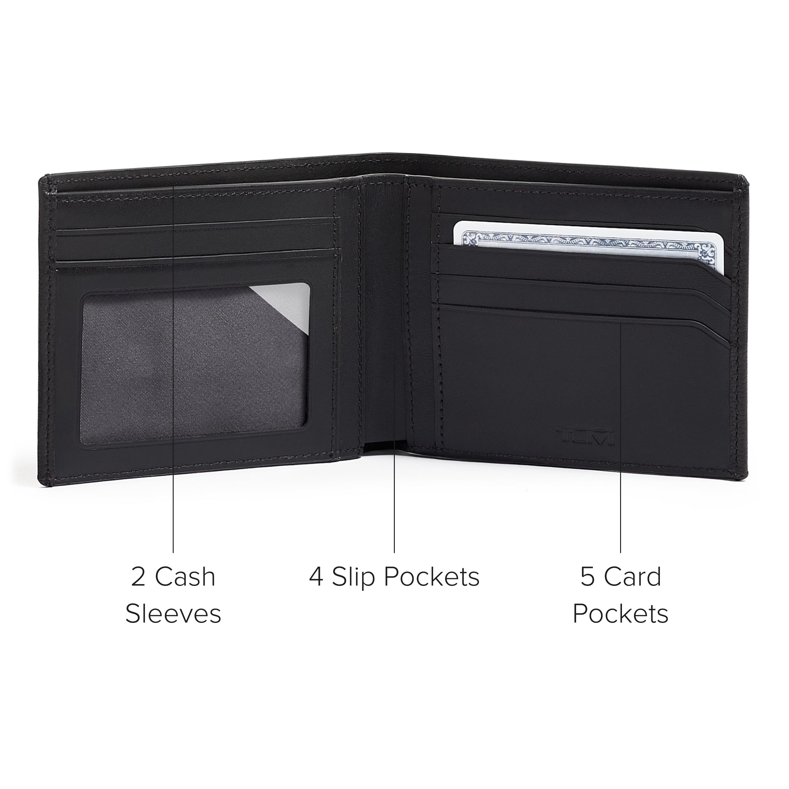 TUMI Nassau Double Billfold - Leather Billfold for Men & Women - Reliable Card Case - Men's Double Billfold Wallet with Multiple Card Slots, Bill Compartments, and an ID Window - Black Texture