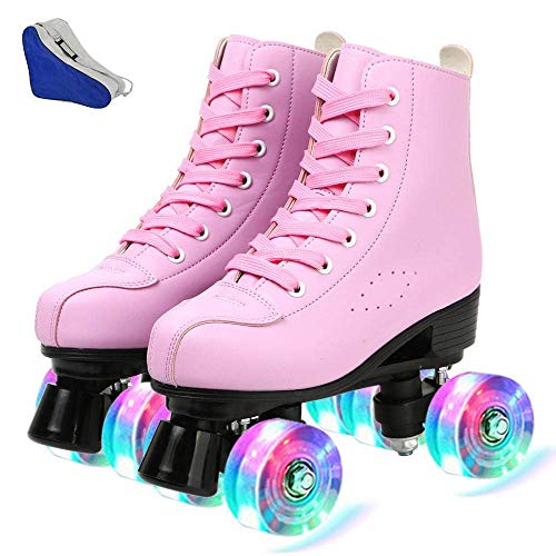 Women's Roller Skates, Leather Roller Skates High-top Roller Skates Four-Wheel Shiny Roller Skates for Kids and Adults