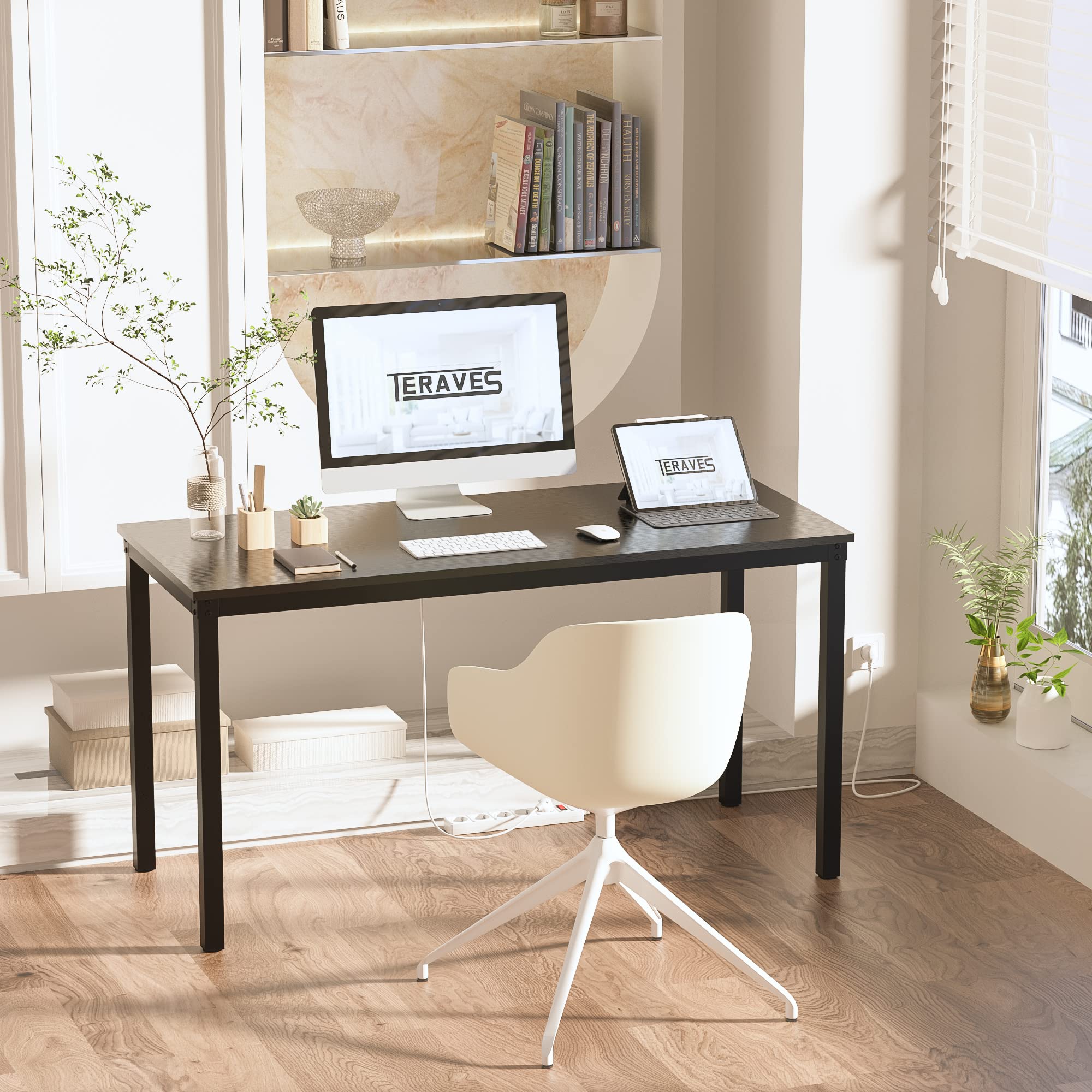 Teraves Computer Desk/Dining Table Office Desk Sturdy Writing Workstation for Home Office (39.37β, Beige + White Frame)