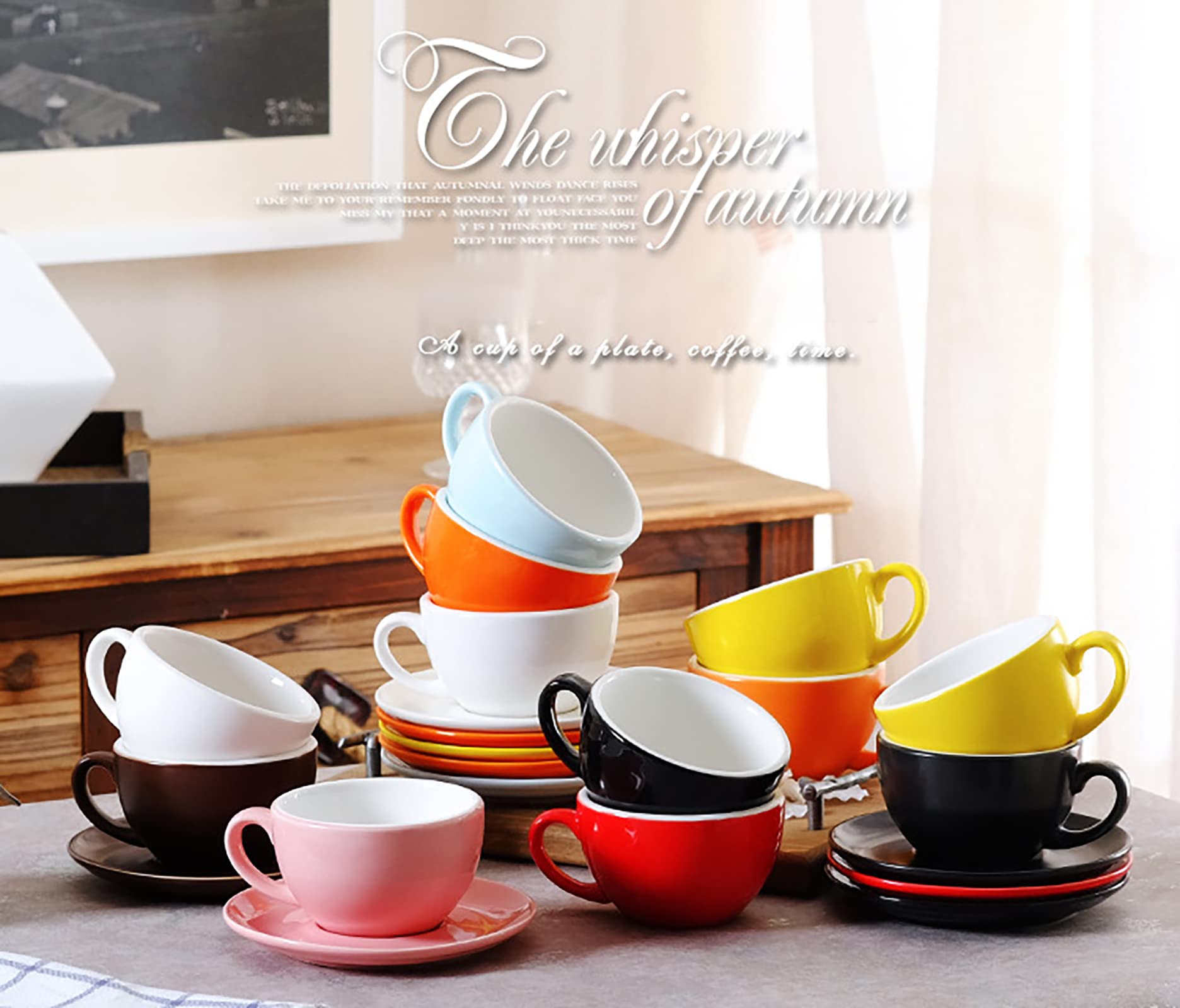 Yesland 2 Pack Ceramic Coffee Cup with Saucer, 8.5 oz Cappuccino Cup Latte Cup, Glossy Red Espresso Cups for Specialty Coffee Drinks, Latte, Cafe Mocha and Tea