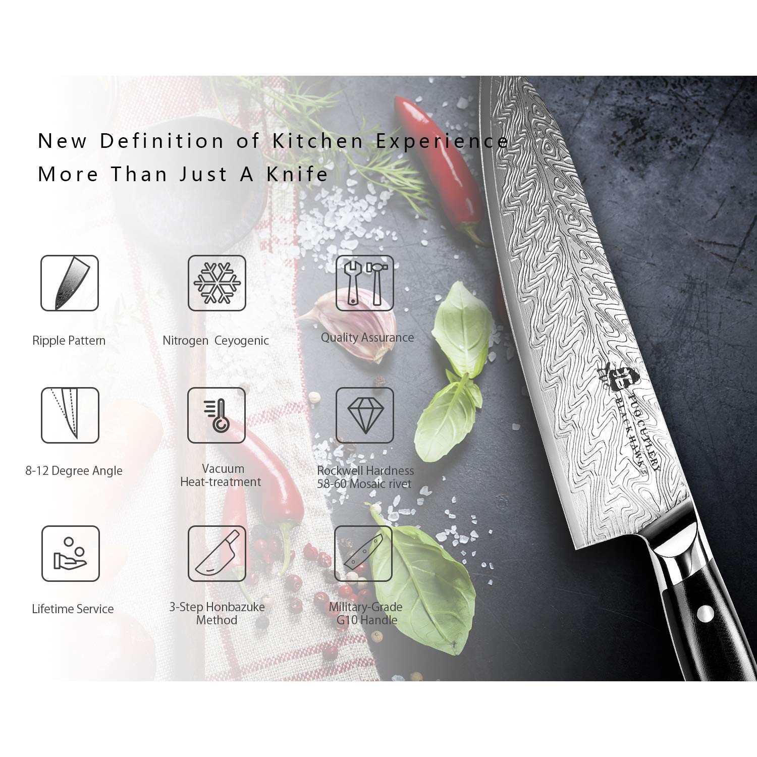 TUO Chef Knife - Kitchen Knives 8-inch High Carbon Stainless Steel - Pro Chef Vegetable Meat Knife with G10 Full Tang Handle - Black Hawk-S Series Knives Including Gift Box