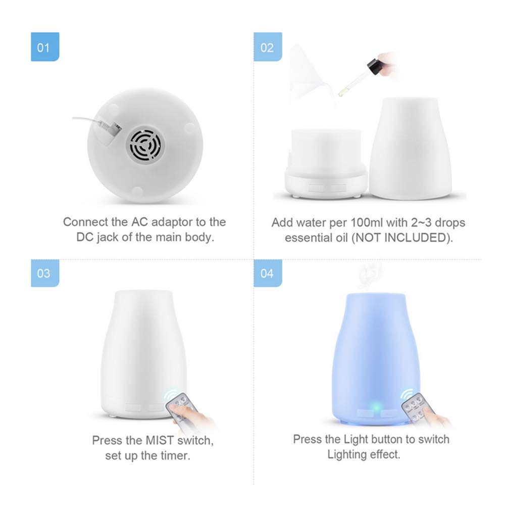 XINGFENSIFNE 300ml Cool Mist Humidifiers for Bedroom With 7 LED Night Light, Ultrasonic Aromatherapy Diffuser with Remote Control Whisper-Quiet Operation,Auto Shut-Off and Timer(3.9 x 6.3 inch)