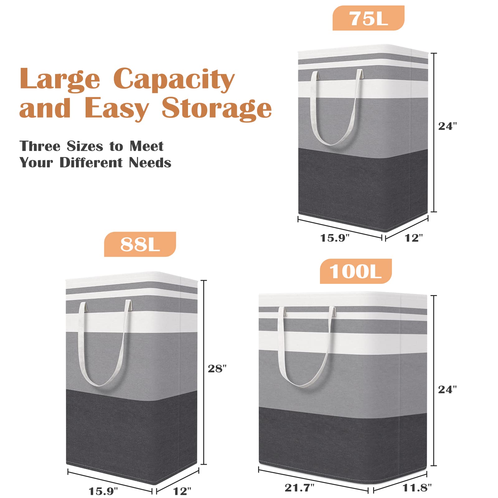 ToteTastic 3-Pack Laundry Basket, Freestanding&Waterproof Laundry Hamper, Collapsible Tall Clothes Hamper with Easy Carry Handles for Clothes, Towels&Toys in the Family and Dorm,Gradient Grey,75L