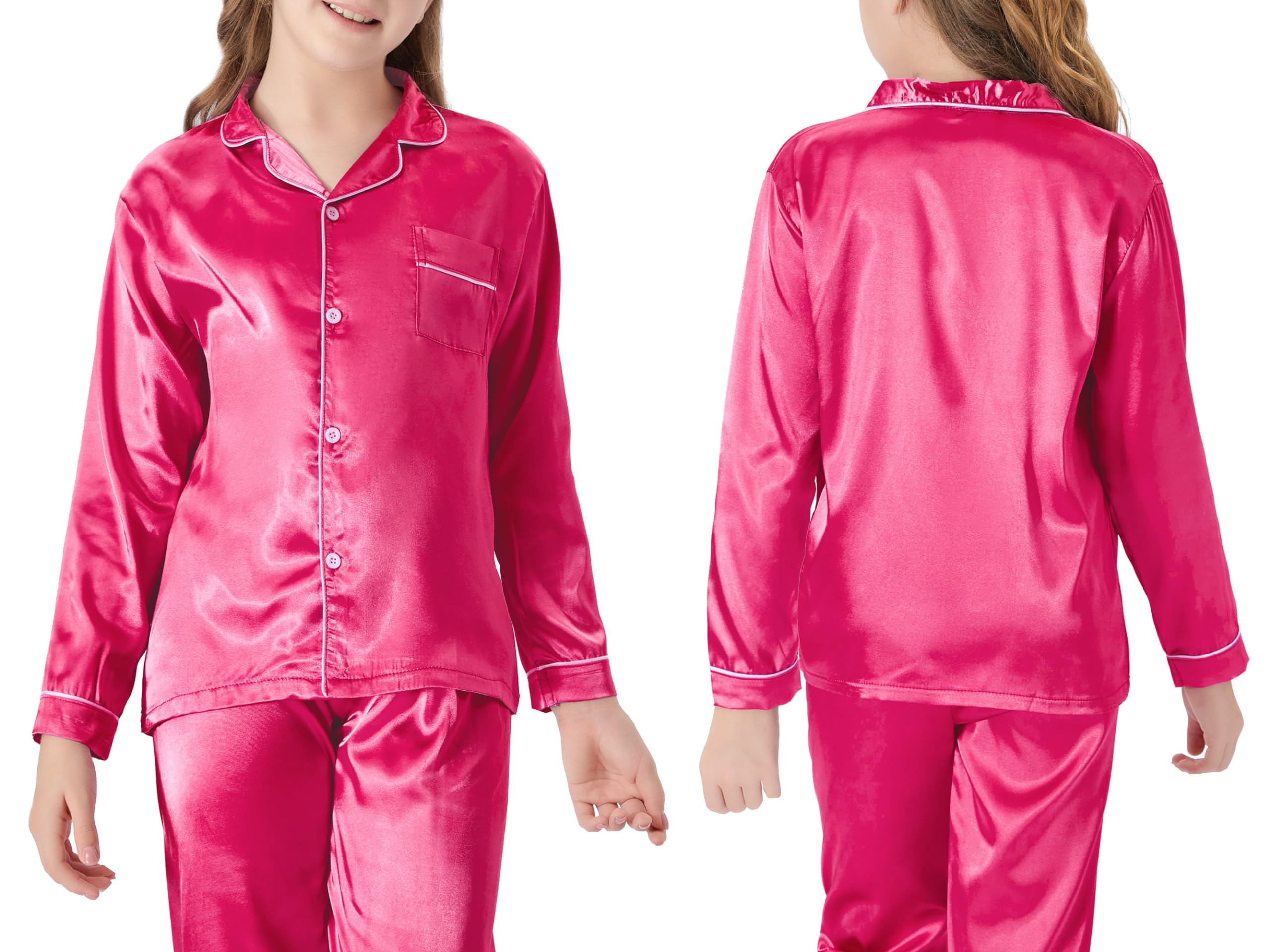 Topgal Cute Hot Pink Pajama Set for Girls β Satin Silky Long Sleeve & Pants Button Down PJ Set Size 10