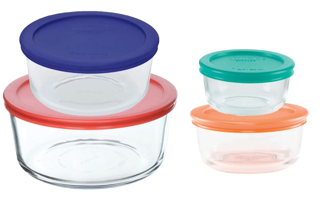 Utensilux Bundle Pyrex 8 Peice Round Bundle 4 Glass Storage Containers With Lids, 7-cup, 4-cup, 2-cup, & 1-cup Meal Prep Containers With Lid, Bpa-free Lid, Dishwasher