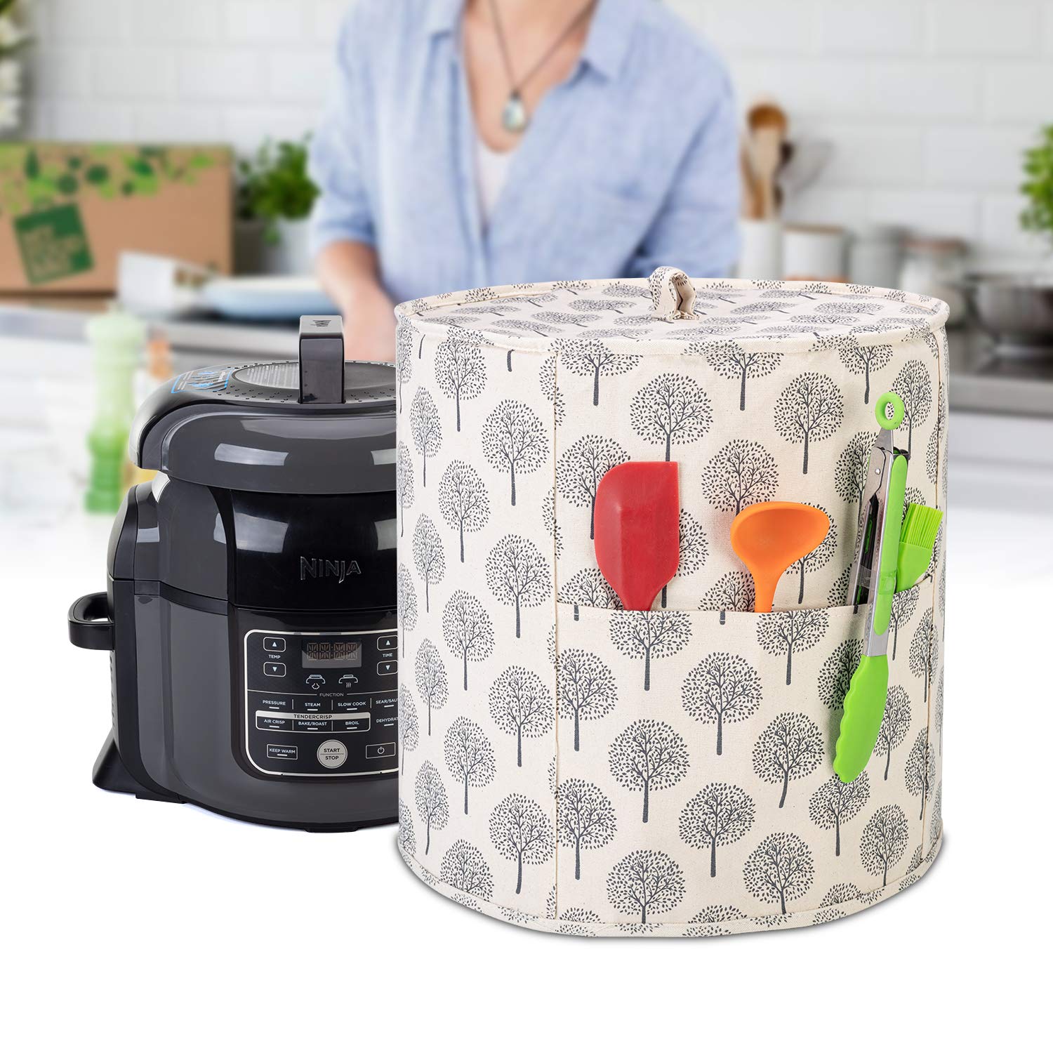 Yarwo Pressure Cooker Cover Compatible with 6.5 qt and 8 qt Ninja Foodi, Small Appliance Dust Cover with Top Handle and Pocket for Attachments, Tree