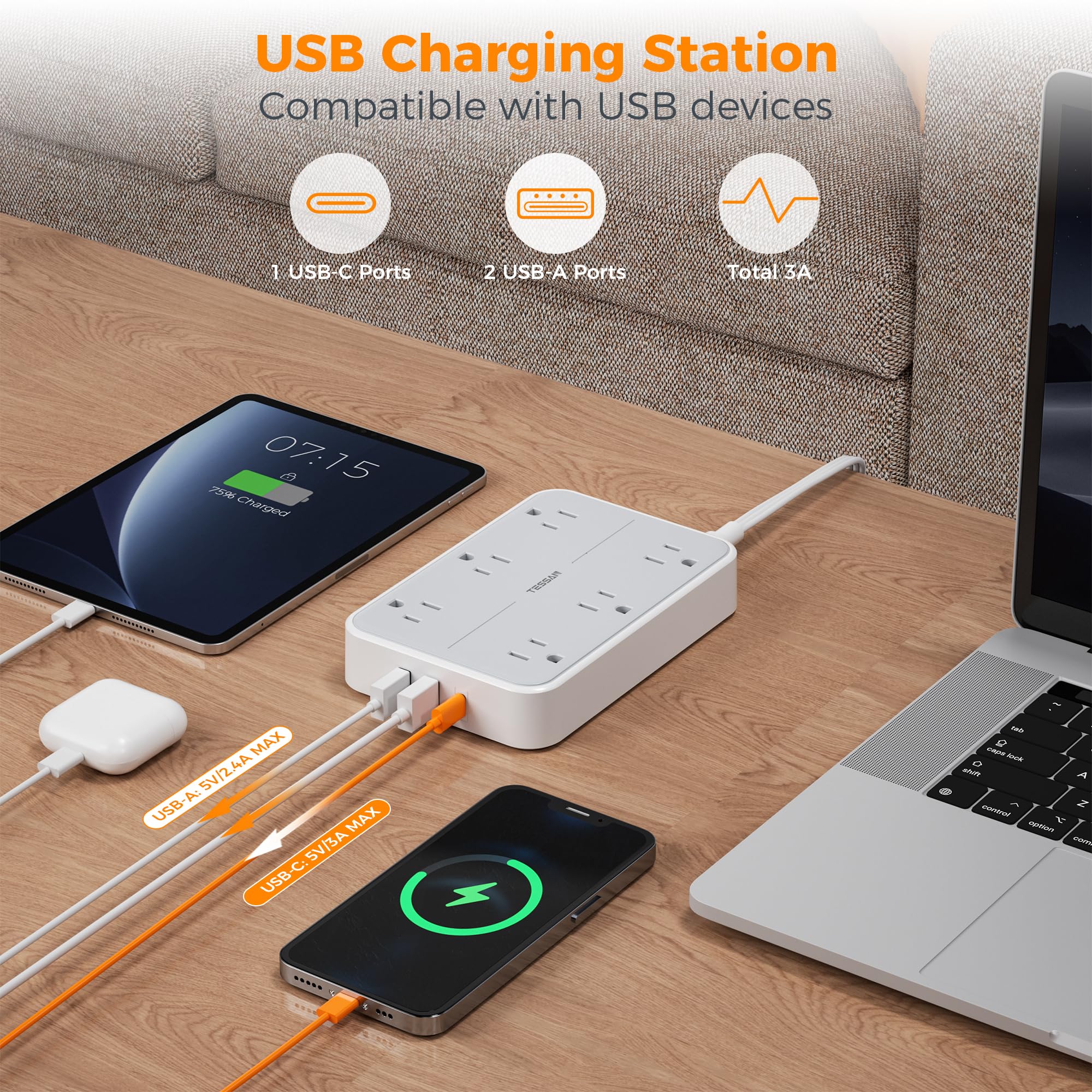 Surge Protector Power Strip 10 ft, TESSAN Flat Plug Ultra Thin Extension Cord with 6 Wide-Spaced Outlets 3 USB Ports (1 USB C Port), 1080J Protection, Wall Mount for Home, Office, Dorm Essentials