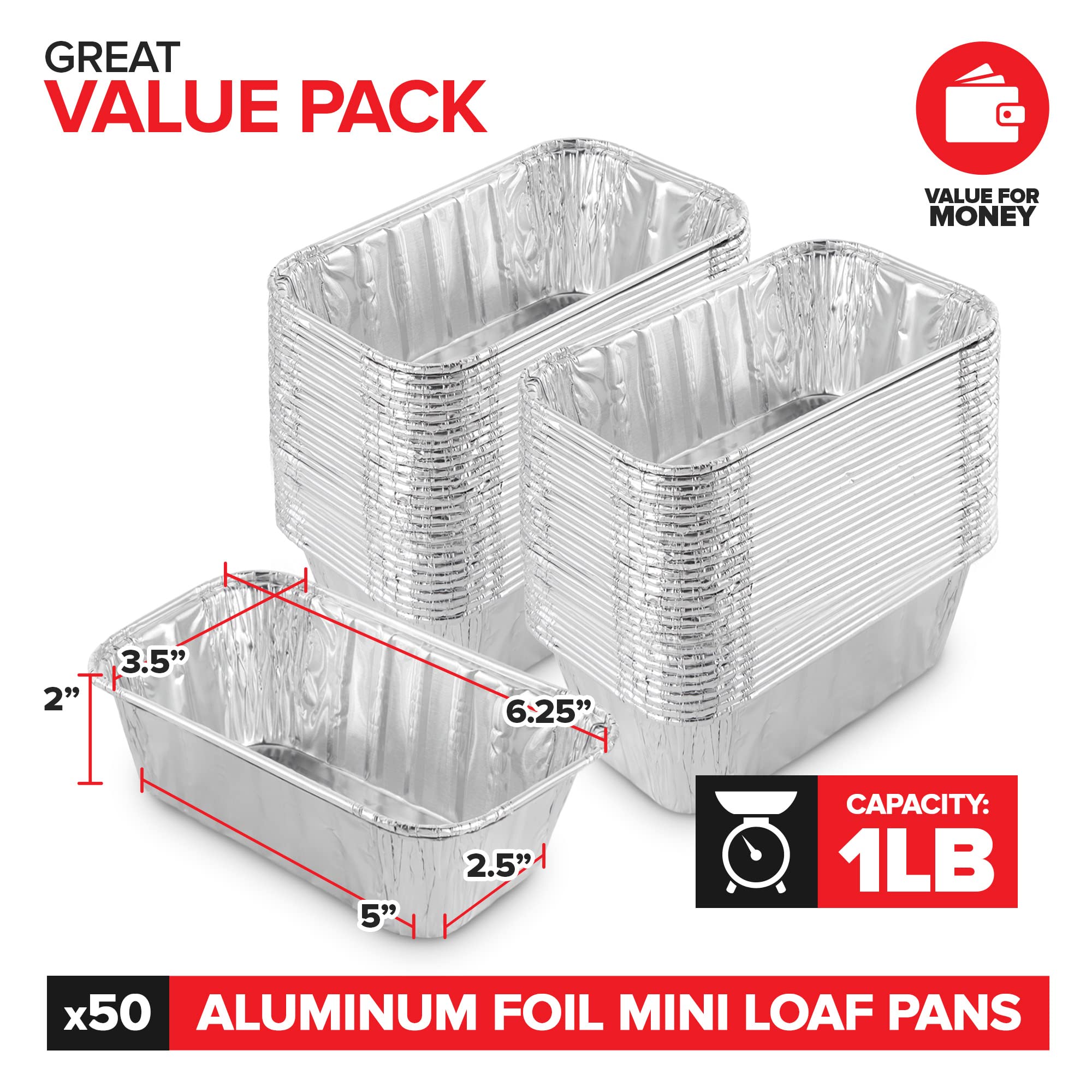Stock Your Home Aluminum Pans Mini Loaf Pans (50 Pack) 1 Lb Aluminum Foil Tin Pans, Small Loaf Pans – 1 Pound Disposable Baking Pans Perfect for Baking Cakes, Bread Loaves - 6 x 3.5 x 2