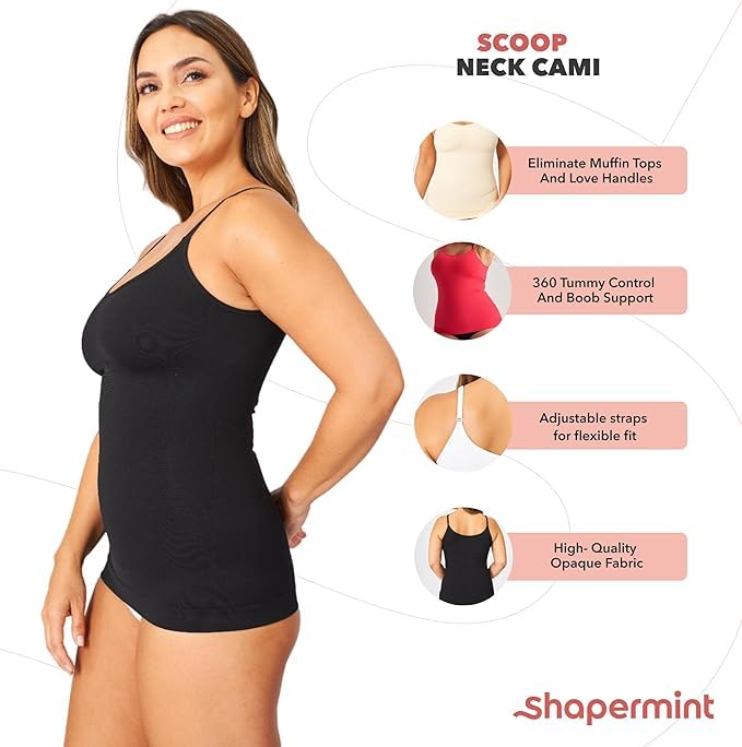 SHAPERMINT Womens Tops - High Compression Scoop Neck Cami - Tank Top for Women, Camisole for Women White