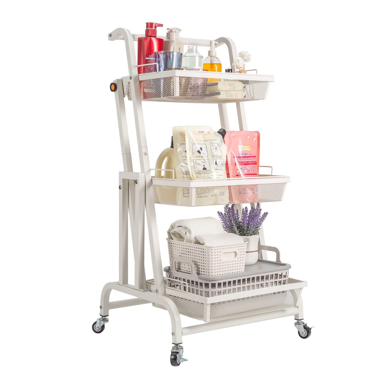 SHAPYR 3-Tier Metal Rolling Utility Cart, Adjustable Kitchen Storage Cart with Removable Mesh Baskets, Storage Trolley with Handle and Lockable Wheels for Kitchen, Bathroom, Office, Coffee Bar