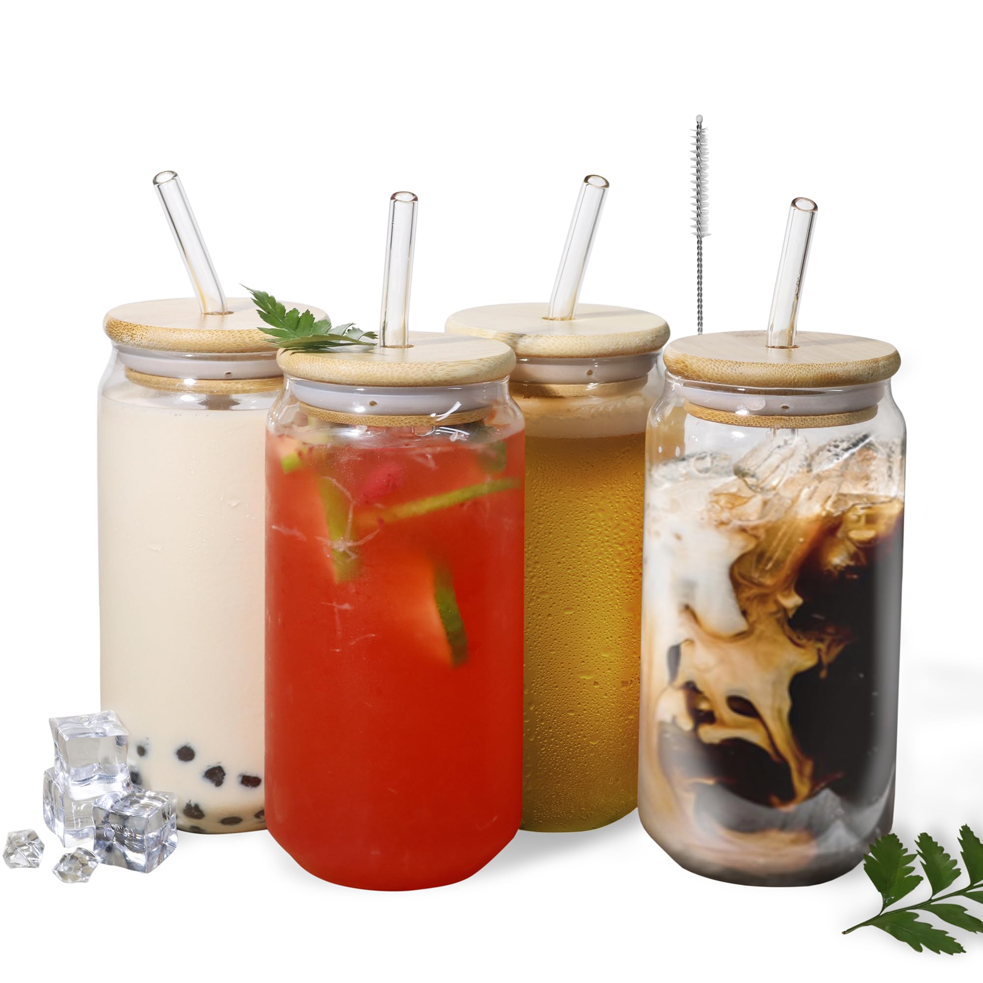 wirsh Drinking Glasses, 4pcs 18oz Can Shaped Glass Cups with Bamboo Lids and Glass Straw,Cute Tumbler Cups for Iced Coffee, Beer, Tea, Coffee Bar Accessories, Giftable
