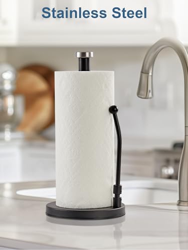 SMARTAKE Paper Towel Holder, Paper Towel Dispenser Standing Weighted Base Non Slip, Spring Arm Fit Most Size Paper Roll, Stainless Steel Paper Towel Holder for Home Kitchen Countertop Tabletop, Black