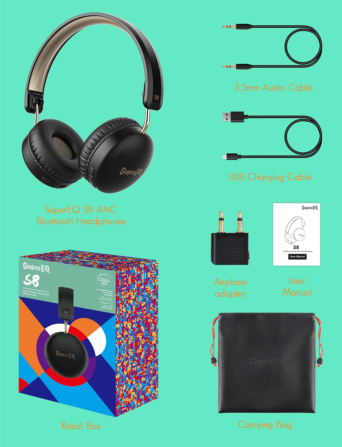 SuperEQ S8 Active Noise Cancelling Headphones, On-Ear Bluetooth Headsets w/ Built-in Mic for Kids, Adults, Wireless & Wired 2-IN-1, 18 Hrs Playtime, HiFi Audio for PC Computer, Laptop, Tablet, Phones