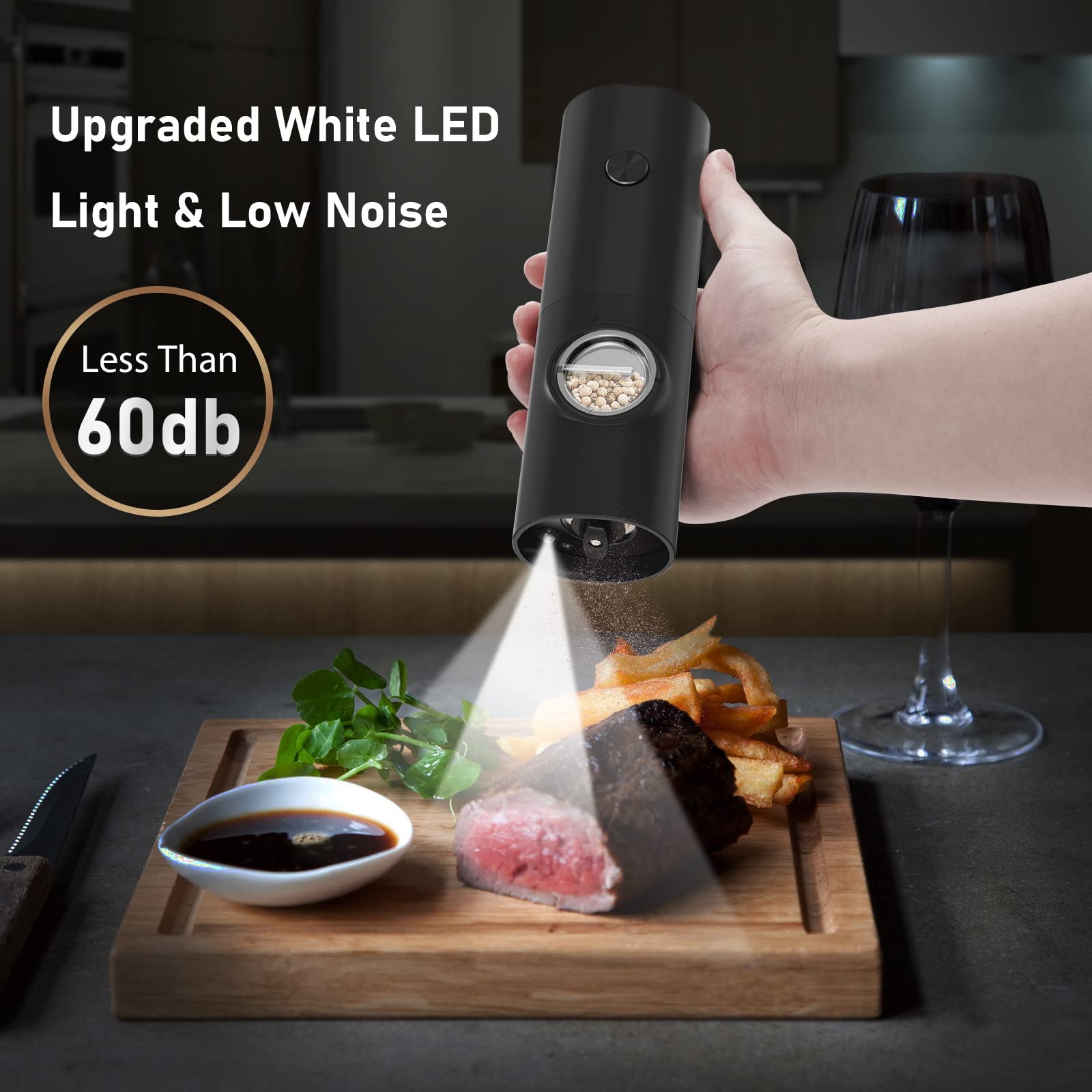 SVAVO Electric Pepper Grinder, Battery Operated Salt Grinder, Automatic Pepper Mill with LED Light, Adjustable Coarseness One-hand Control, Black Peppercorn Grinder Refillable, Battery Not Included