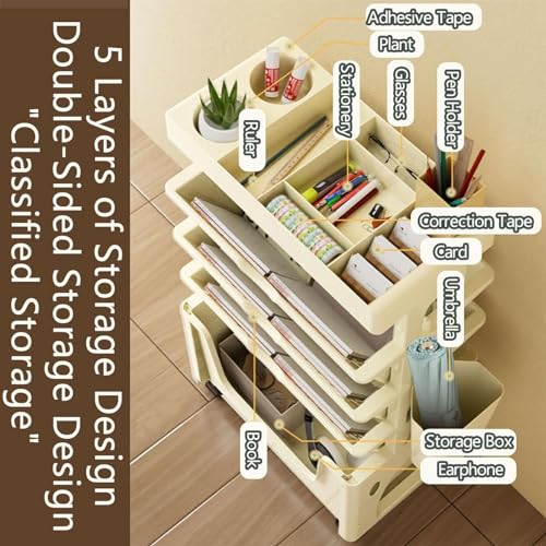 Storage Rolling Cart, 5 Tiers Moving Cart, Foldable Utility Cart, Multifunctional Rolling Drawer Cart, Removable Rolling Storage Trolley with Wheels, Mobile Storage Organizer, Storage Cart for Books