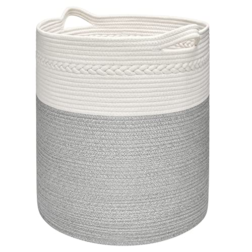 Vamcheer Cotton Rope Laundry Basket -18'' x 18'' x 20'' Blanket Basket, 80L Woven Toys Storage Basket Baby Nursery Basket Laundry Hamper - Grey
