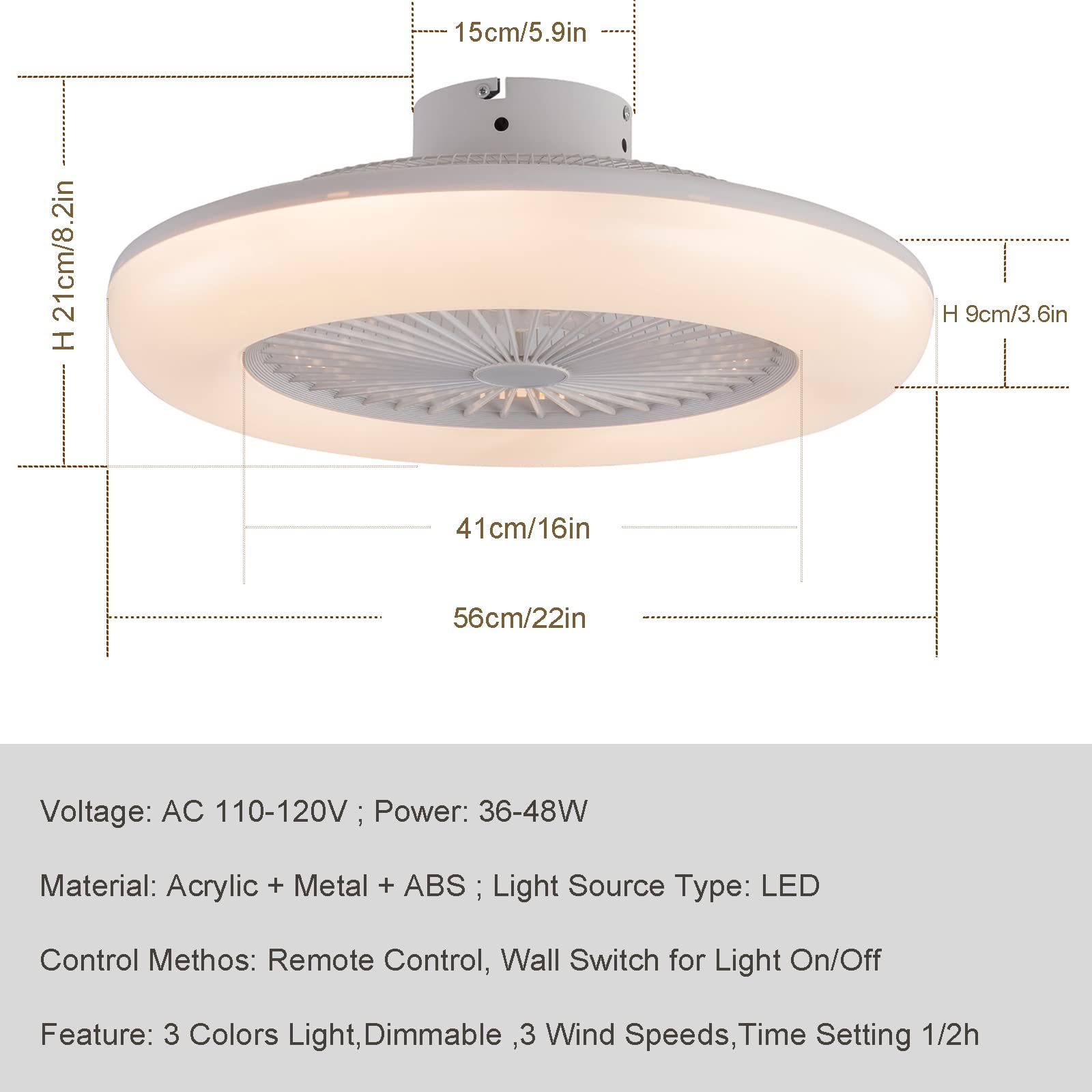 TFCFL 22 Inch Ceiling Fan with Light and Remote Control,Dimmable Modern LED Semi Flush Mount Light Fandelier,Enclosed Ceiling Fan,Quite Motor,for Home Living Room
