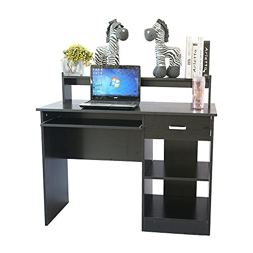 SSLine Computer Desk with Storage Shelves, 2 Tier Bookshelf one Drawer, Keyboard Tray, Home Office Writing Workstation Table, Laptop Desk, Bookshelf, Space-Saving, Black