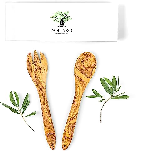 SOLTAKO Handmade Salad Serving Spoons - Olive Wooden Salad Server - Fork - Cooking Spoon - Kitchen Utensil Set - Made of Fancy Olive Wood - Salad Spoon and Fork Set - Kitchen Gadgets - 12"