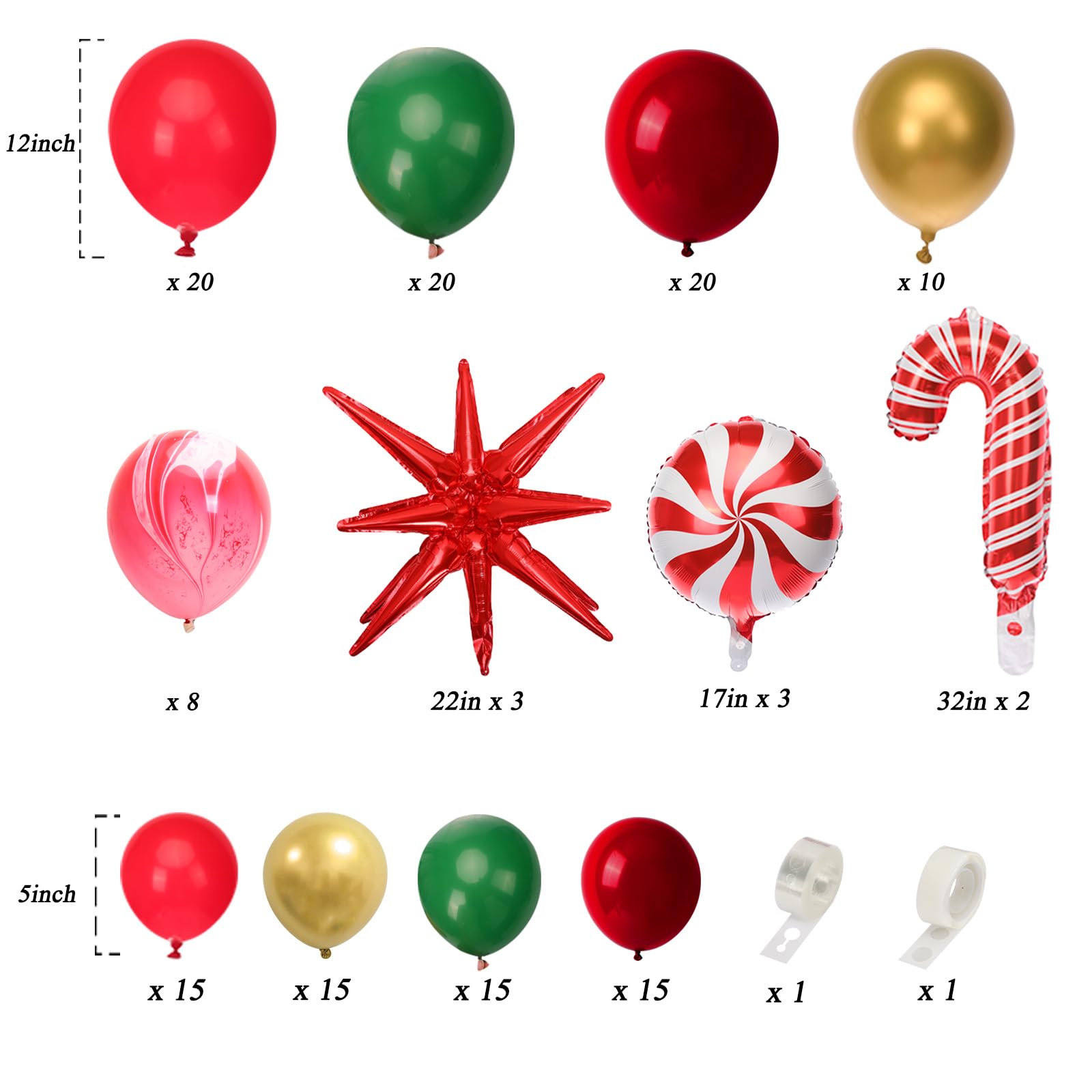 RUBFAC Christmas Balloon Garland Arch Kit 181pcs Red Green White Metallic gold Party Decorations Balloons with Candy Exploding Red Star for Christmas Holiday Winter Party Decorations New Year Decor