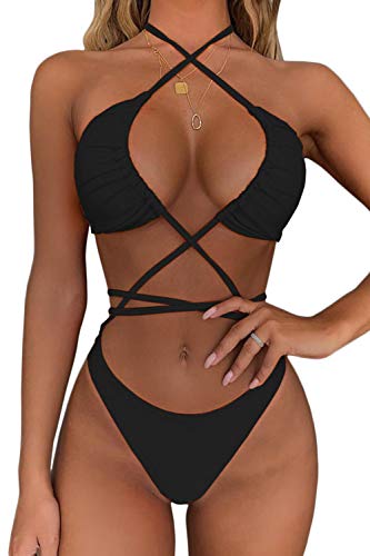 QINSEN Sexy Bikini Swimsuit for Women Strap Criss Cross Two Piece Bathing Suit Cheeky Bottom Black S