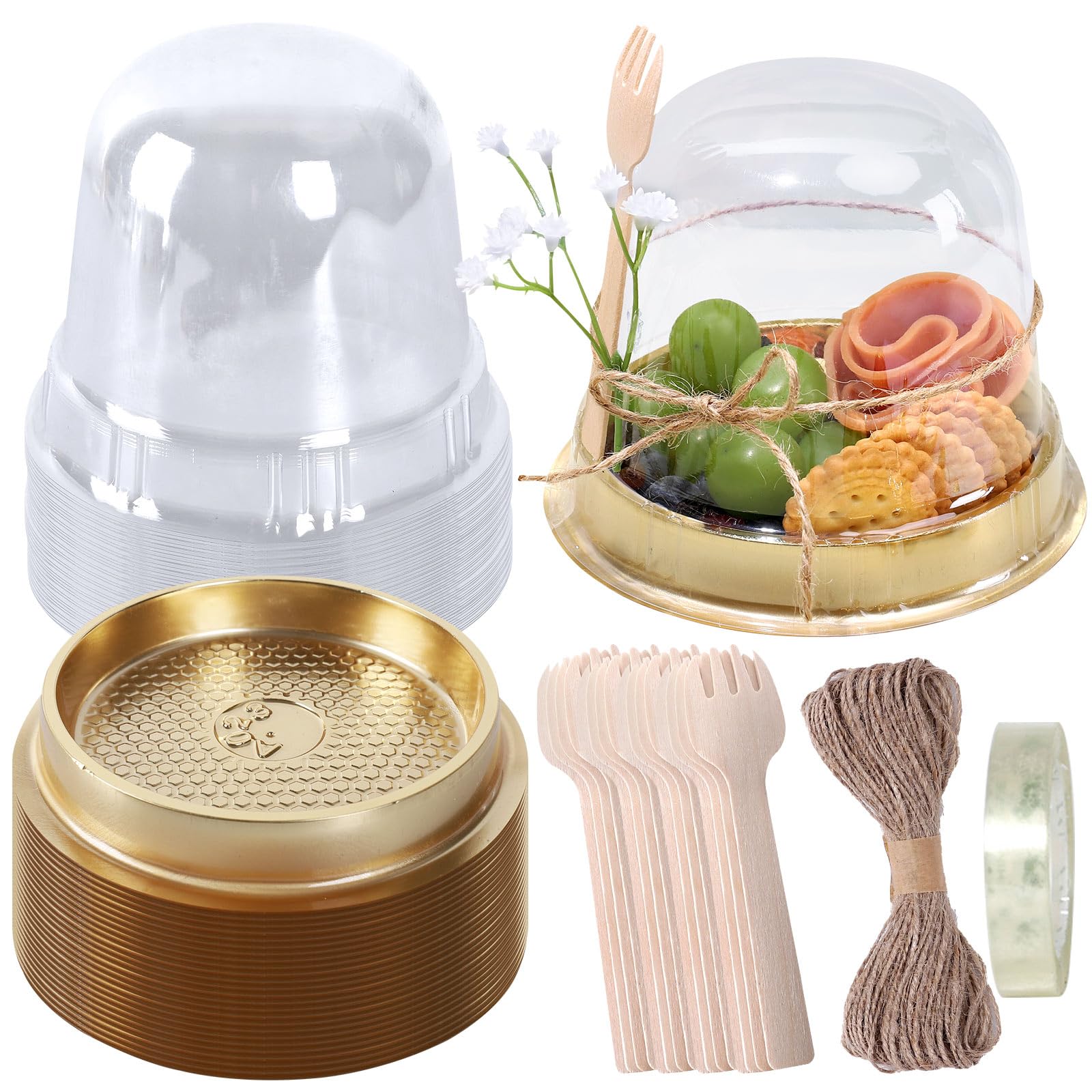 Whaline 50 Sets Disposable Individual Charcuterie Cup Set Clear Plastic Cupcake Container with Mini Wooden Spork Rope for Dessert Display Charcuterie Grazing Table Catered Event Wedding