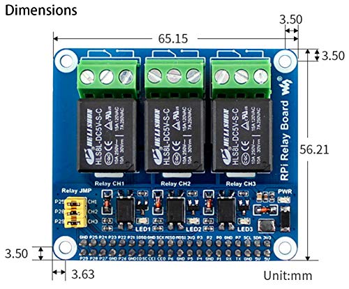 waveshare RPi Relay Board Raspberry Pi Expansion Board, Three Channel (3-CH) Power Relay Module for Raspberry Pi 4B/3B+/3B/2B/A+/B+, Loads up to 5A 250V AC or 5A 30V DC