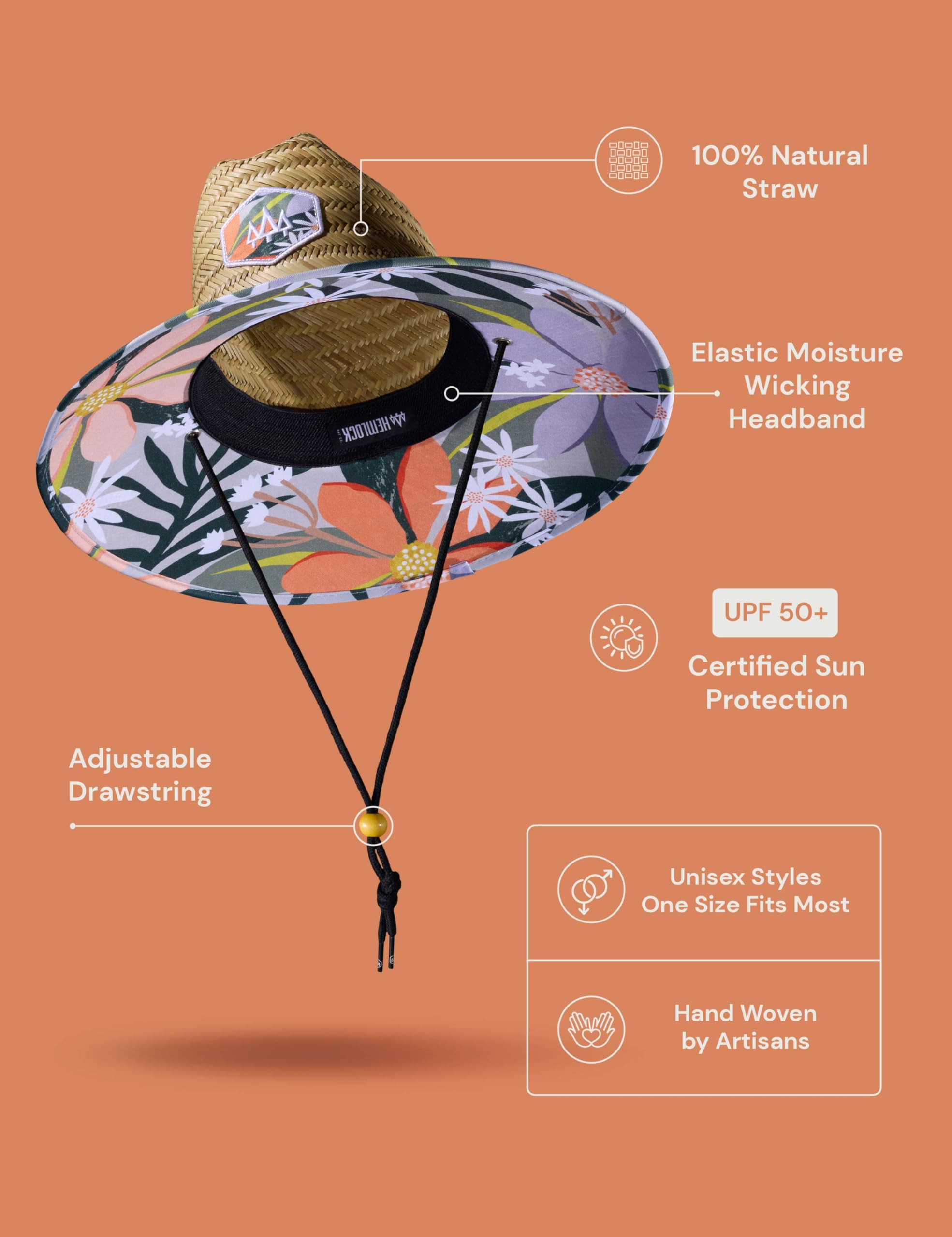 Straw Hat for Men & Women | Lifeguard Hat, Beach Hat & Sun Hat | UPF 50+ Wide Brim for Sun Protection | One Size | Blackout | Hemlock