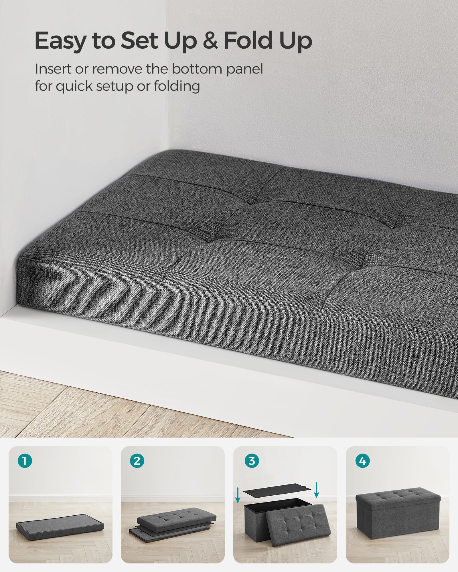 SONGMICS 30 Inches Folding Storage Ottoman Bench, Storage Chest, Foot Rest Stool, Dark Gray ULSF47K