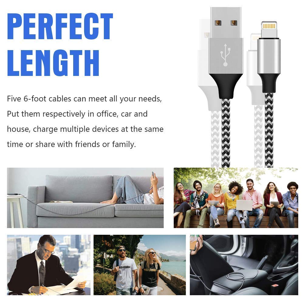 YEFOOT iPhone Charger, MFi Certified Lightning Cable 5PACK 6FT Nylon Woven USB Charging Cable with Metal Connector Compatible iPhone 11/Pro/Xs Max/X/8/7/Plus/6S/6/SE/5S iPad-Black&White