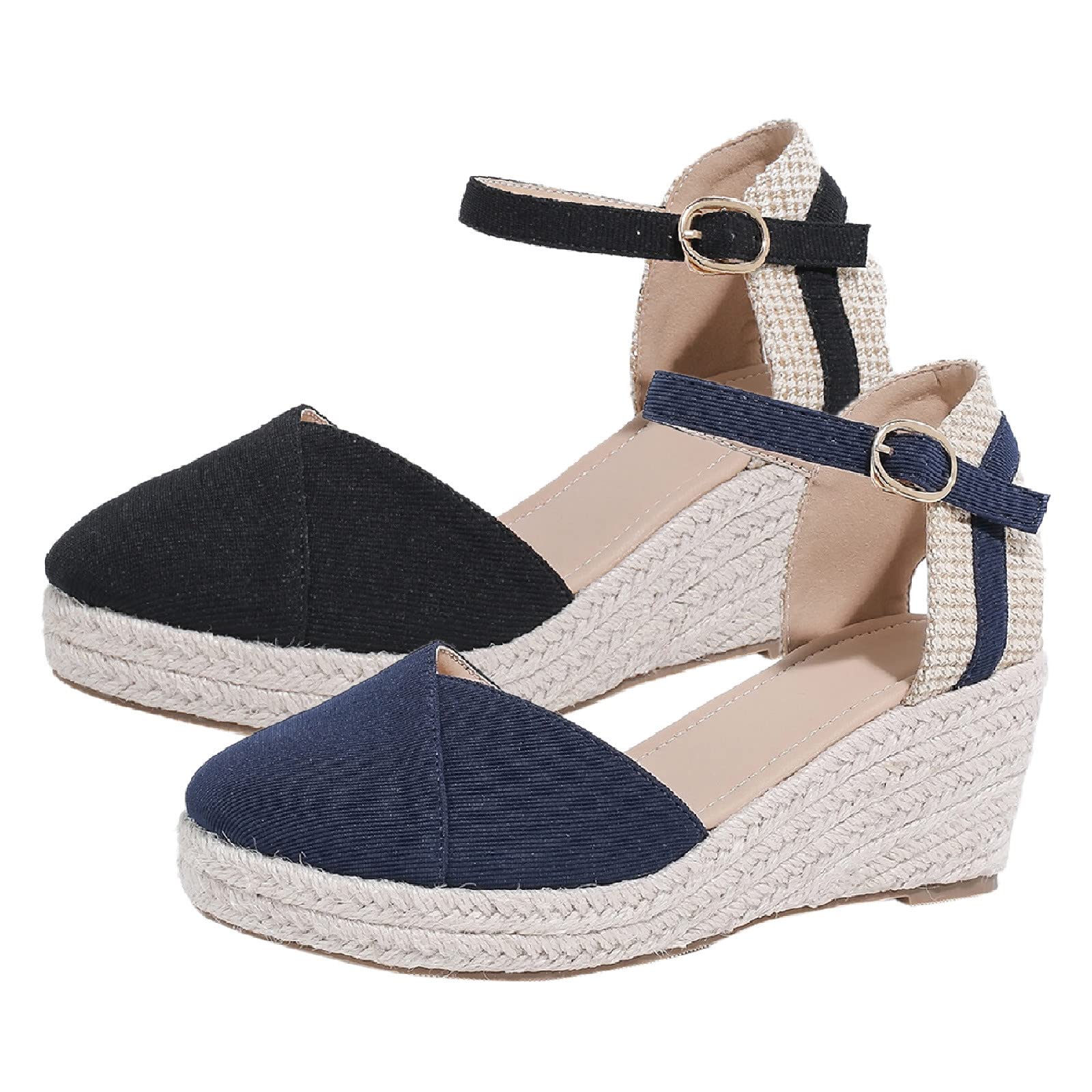 Women Sandals Summer New Pattern Linen Fashion Round Toe Thick Sole Wedge Comfortable Non Womens Lace up Sandals Size 11 (Blue, 6.5)