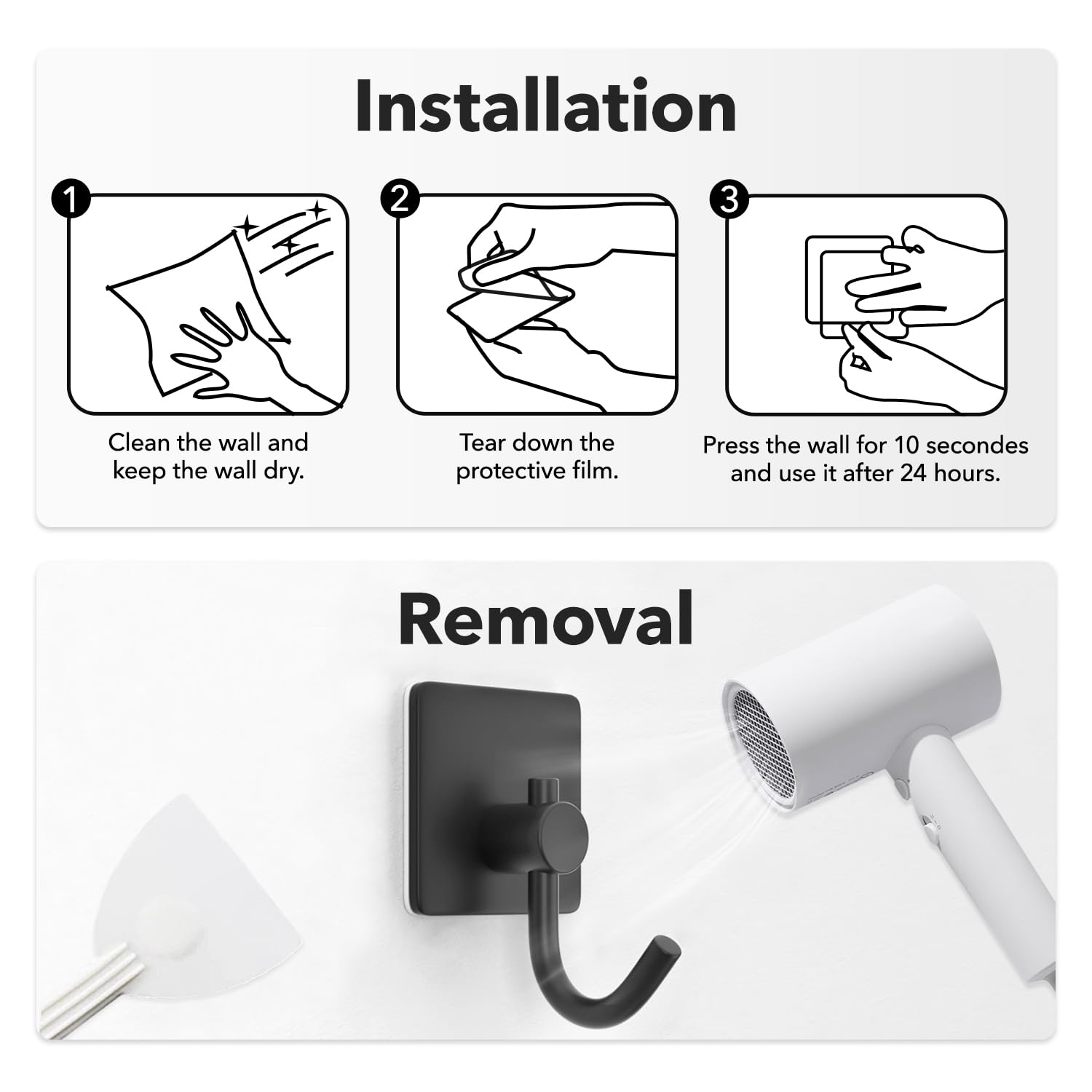 Self Adhesive Wall Hooks for Hanging: Stick-On Hooks Hold 13 LB, Black Coat Hook,Towel Hooks For Bathrooms,Shower Hooks for Wall,Door Hooks Hanging Towel, Kitchen Hook,Metal hooks for hanging,8 Pack