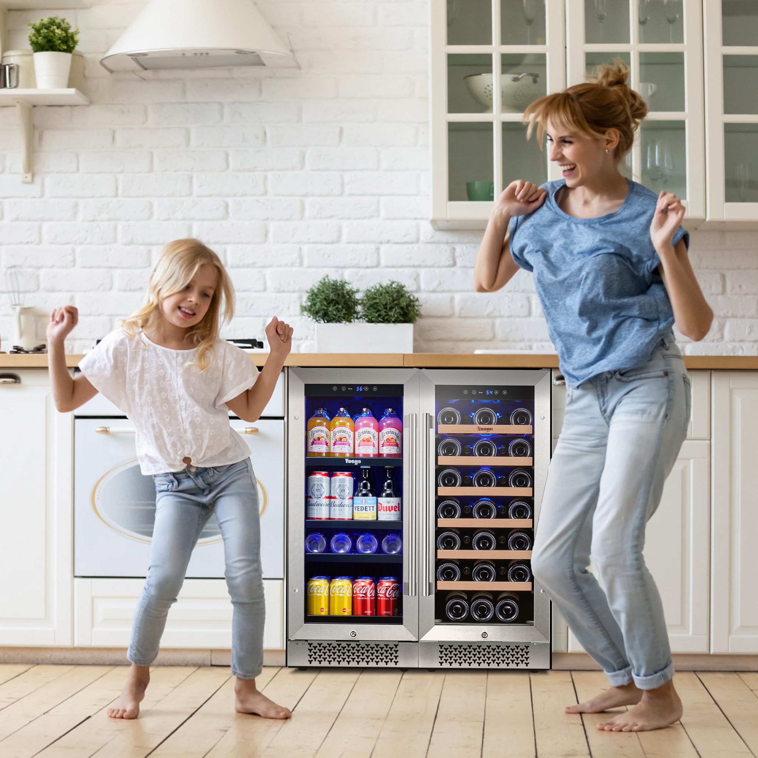 Yeego 30 inch Wine Fridge, Two 15" Wine Coolers Side-by-Side Refrigerators Freestanding Wine Cooler, Hold 33 Bottles and 80 cans