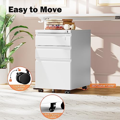 Sweetcrispy 3 Drawer File Cabinet with Lock, Mobile Rolling Under Desk Metal Filing Cabinet, A4/Letter/Legal Pre-Assembled & Wheels Home Office Vertical File Cabinet -White