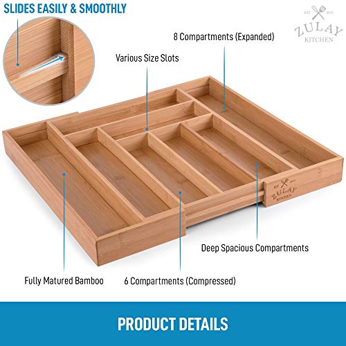 Zulay Expandable Bamboo Drawer Organizer - Adjustable Kitchen Drawer Organizer - Perfect Utensil Organizer For Silverware, Kitchen Knives, Flatware, and More