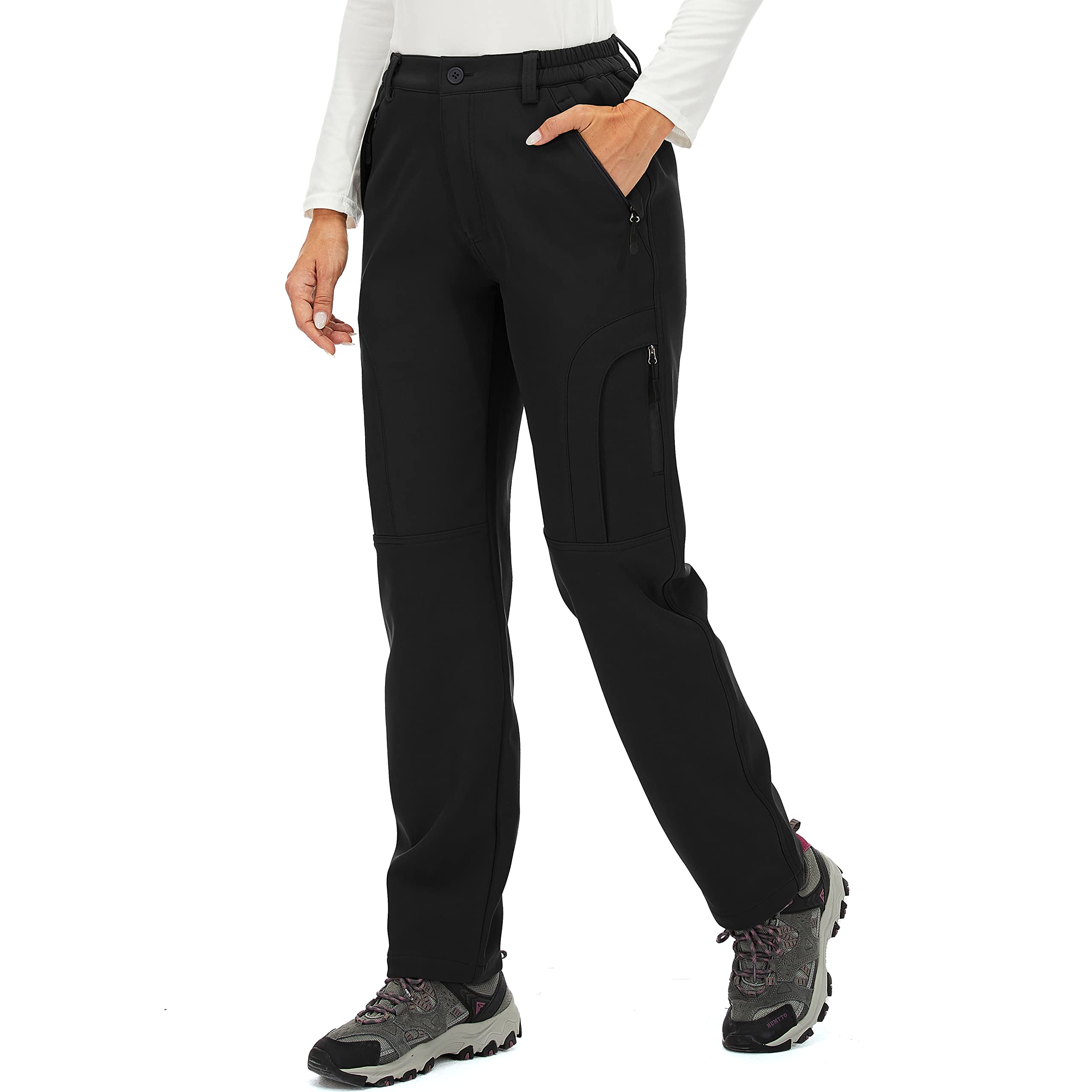 Women's Snow pants Hiking ski Waterproof Fleece Lined Outdoor Cargo Pants Softshell Winter Warm Pants with Zipper Pockets,H4409,Black,6