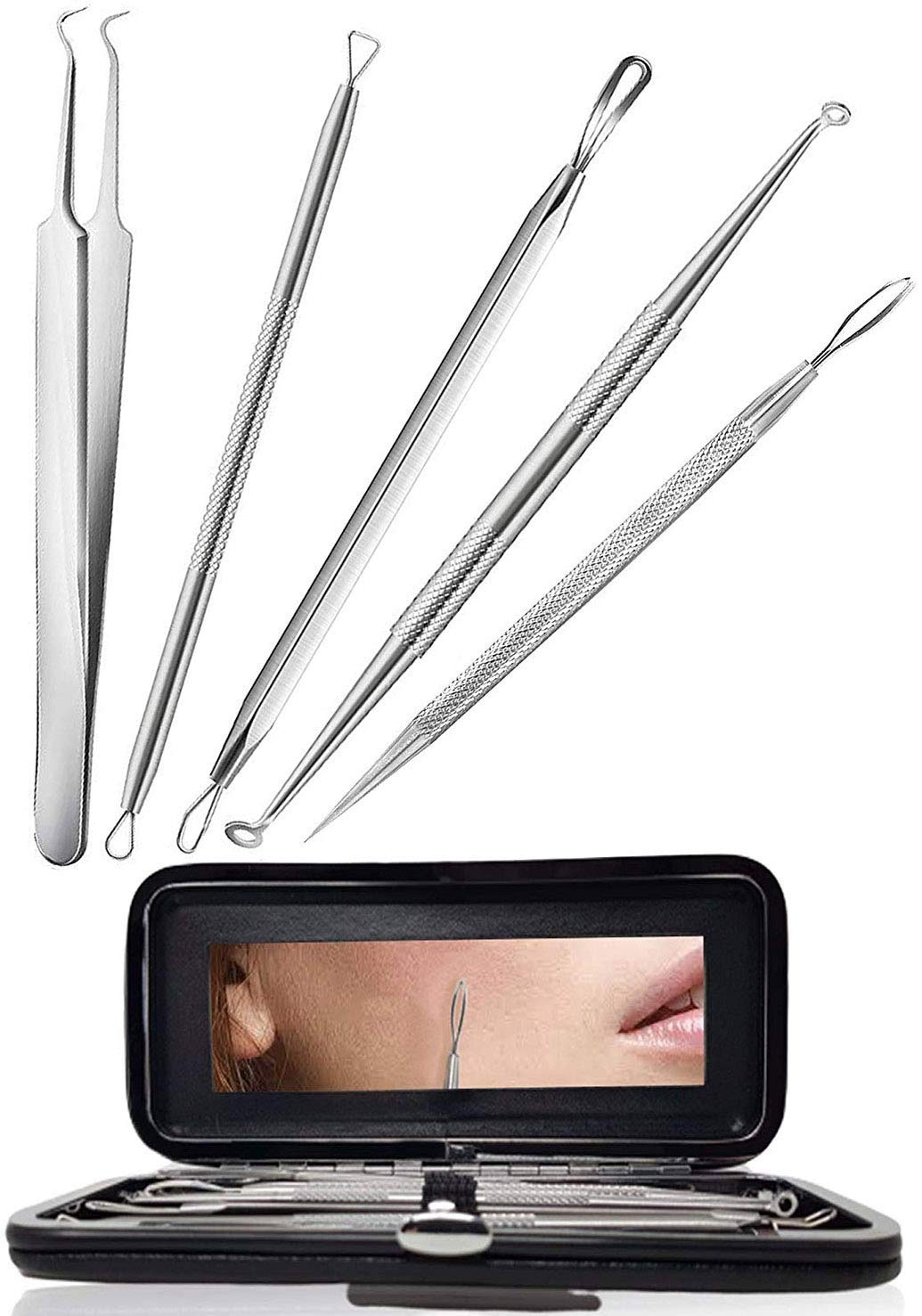 The Good Stuff Black Head Removal Tools with Mirrored Travel Case, 5 pcs Kit, Black