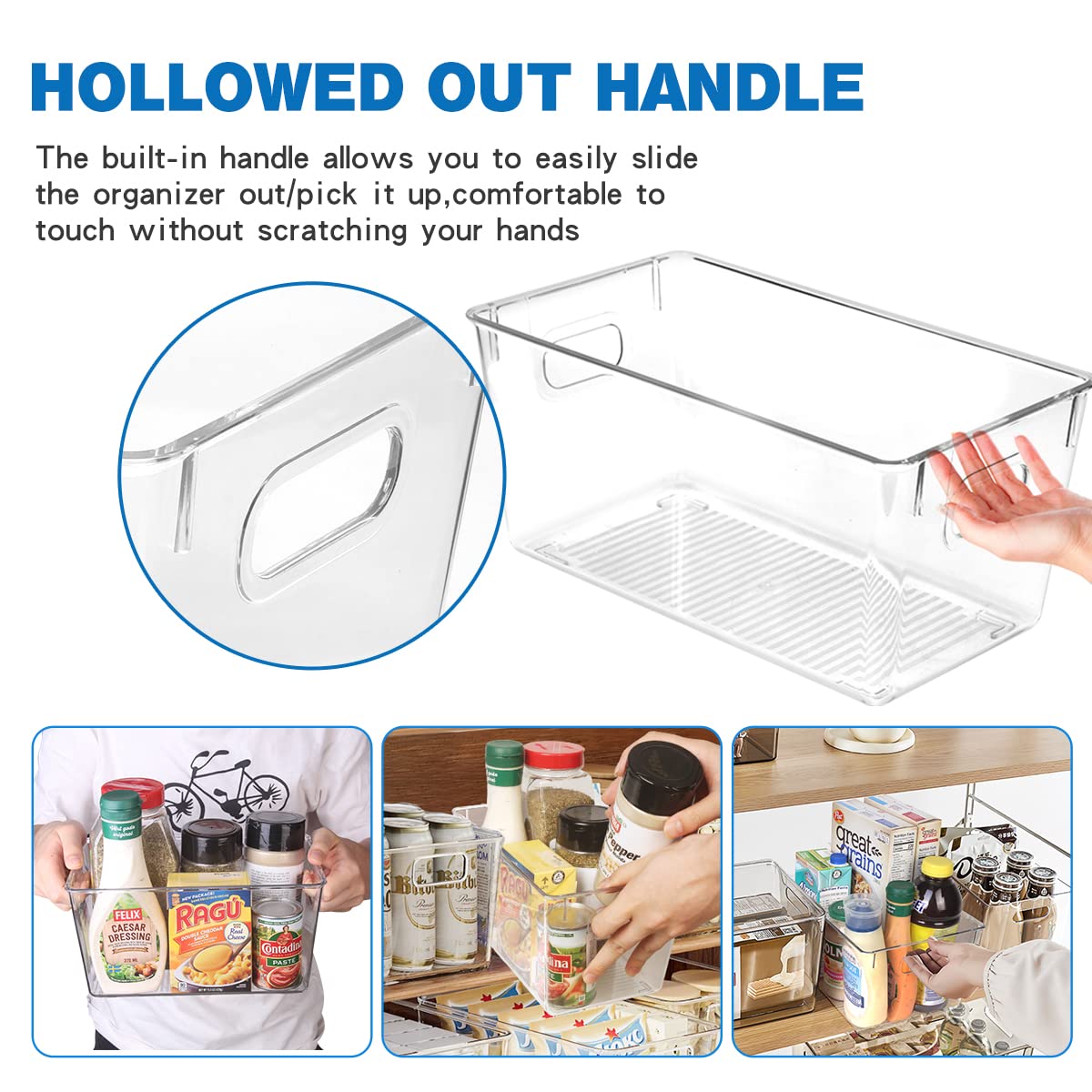 VZKAH Clear Plastic Organizer Bins 【6-Pack】– Shelf Storage Bins or Kitchen Organizing – Fridge Organizer, Pantry Organization and Food Storage Bins,Cabinet Organizers (9.32" L*5.23" W*4.52" H)