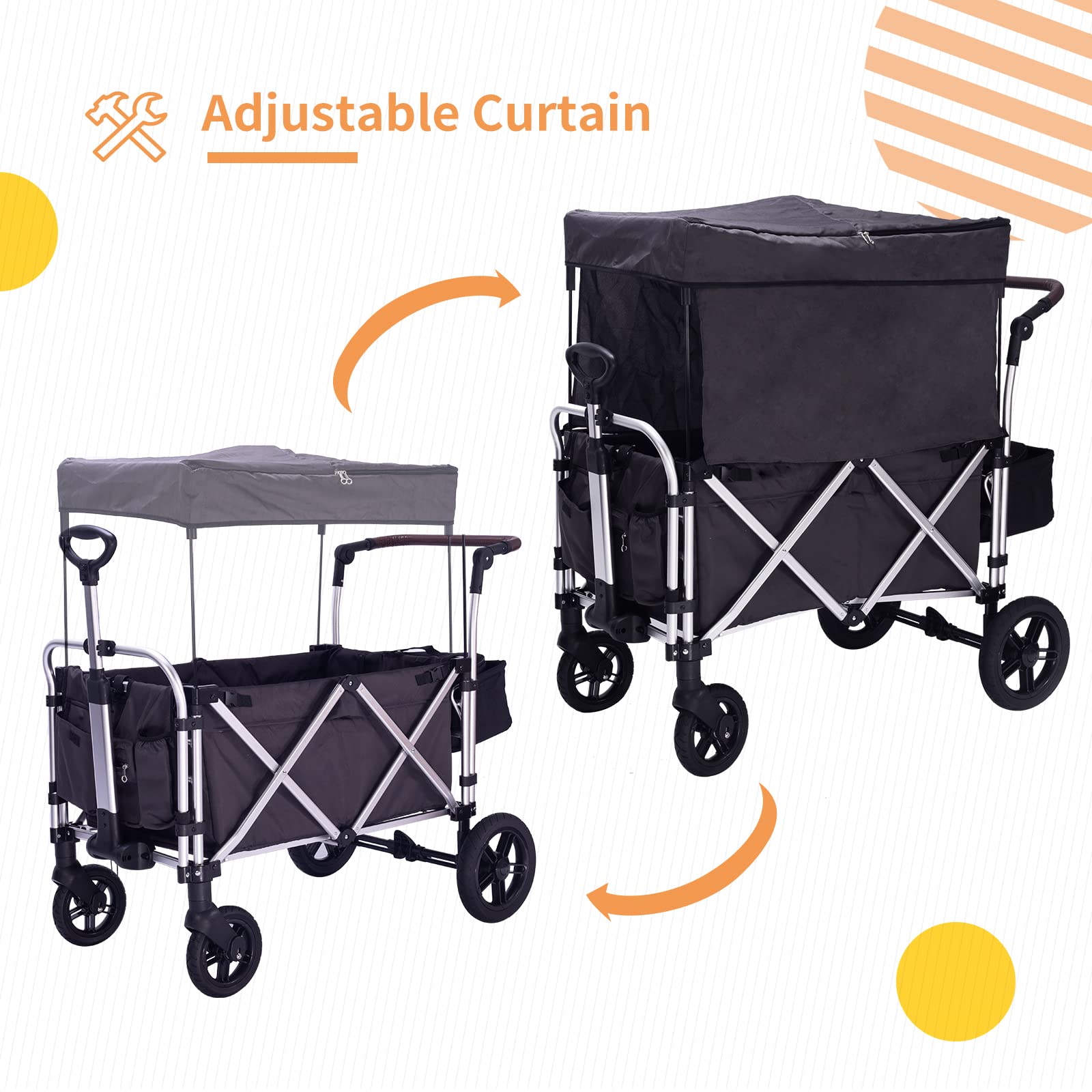 Stroller Wagon for 2 Kids, Wagon Cart Featuring 2 Seat with 5-Point Harnesses and Adjustable Canopy, Foldable Push-Pull Rod Wagon Stroller for Garden, Stroller, Camping, Grocery Cart (Black)