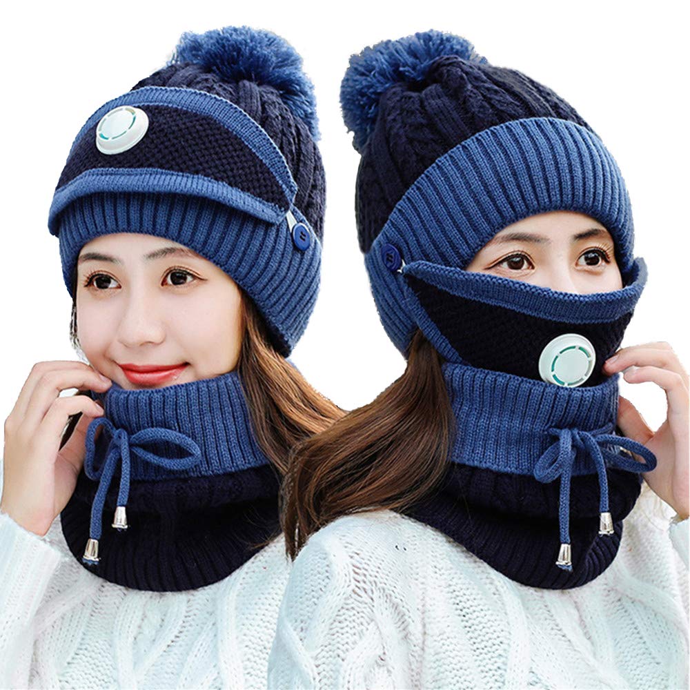 Womens Girls Winter Knitted hat Beanie Scarf mask Set Soft Warm Fleece Lined Winter Ski Hat with Pompom (Navy Blue)
