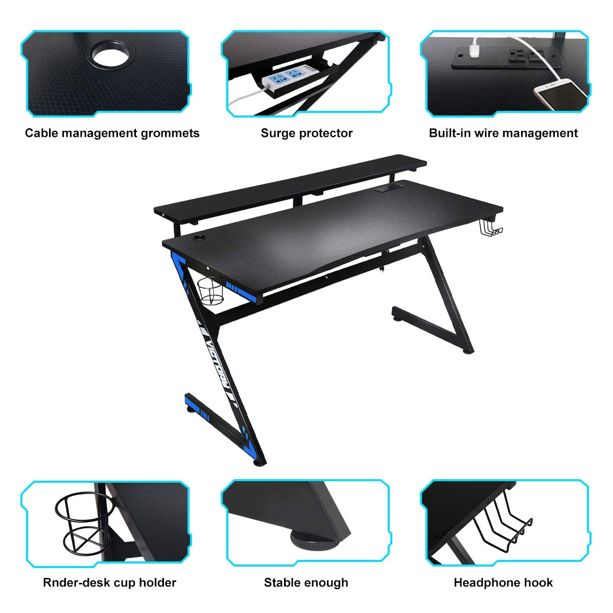 YIGOBUY Large Gaming Desk 55 Inch Computer Gaming Desk E-Sports Racing Table with with Cup Holder, Headphone Hook for Home Office, Black