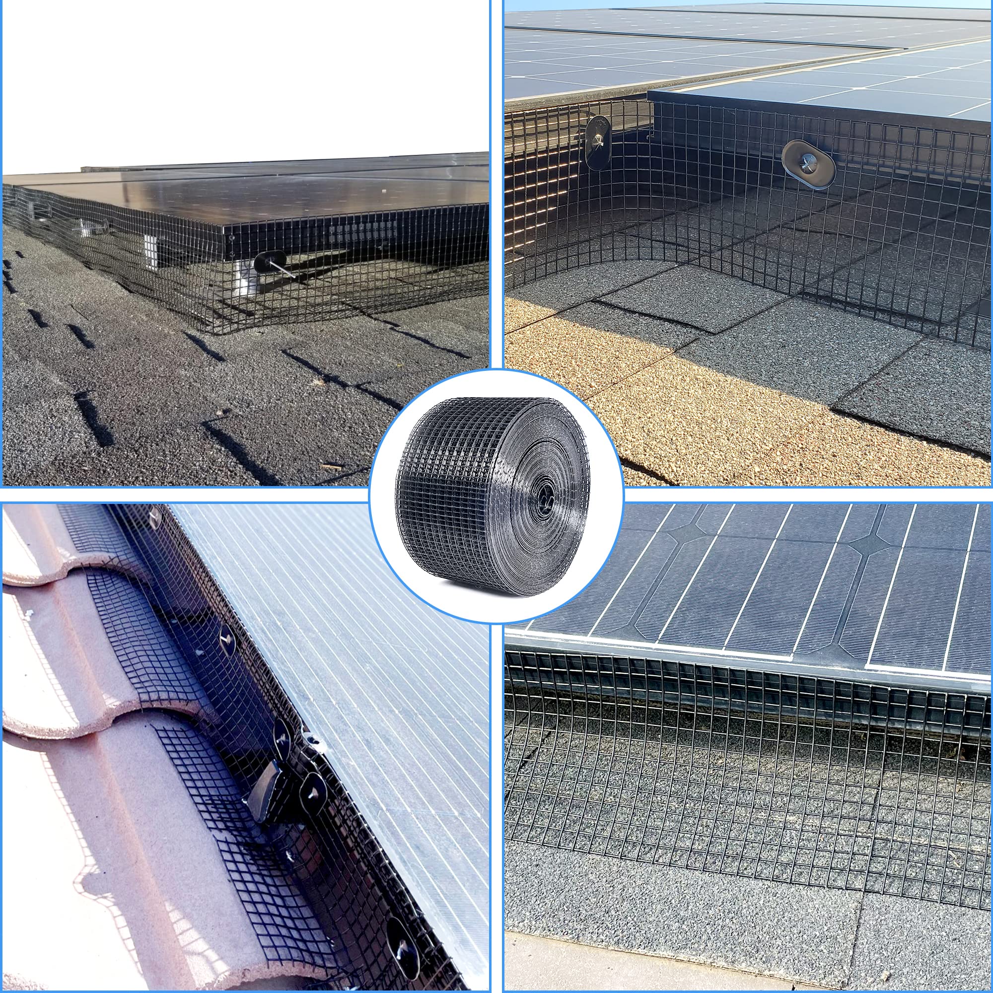 YESON Solar Panel Guard, 8in X 100ft PVC Coated Critter Guard Roll Kit for Solar Panel Wire Screen, Black Pigeon Barrier Netting with 120 Fastener Clips, Cutting Scissor, Gloves